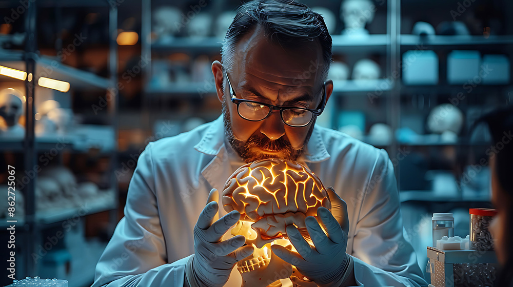Medical doctor in gloves and a white coat holding a glowing wooden ...