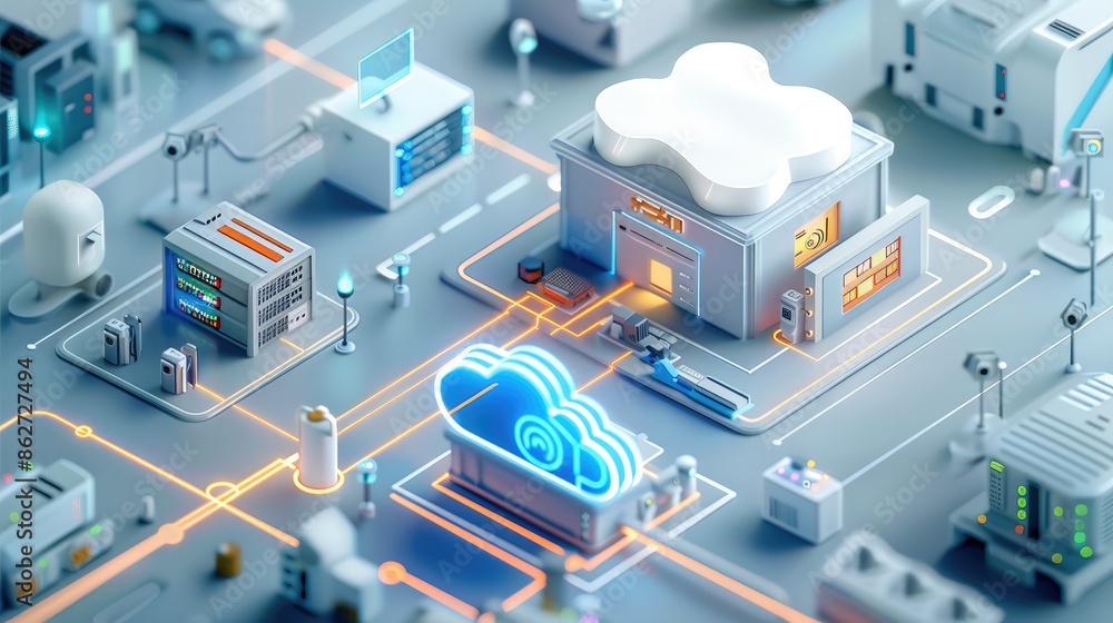 Isometric view, cloud computing platform, gas station building, various ...