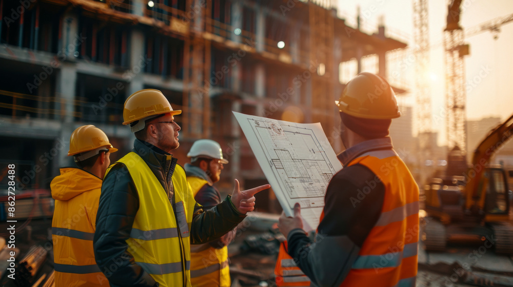Construction workers in safety gear review building plans at a ...