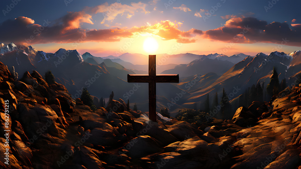 Divine Ascension: Jesus on the Cross with White Church on Mountain ...