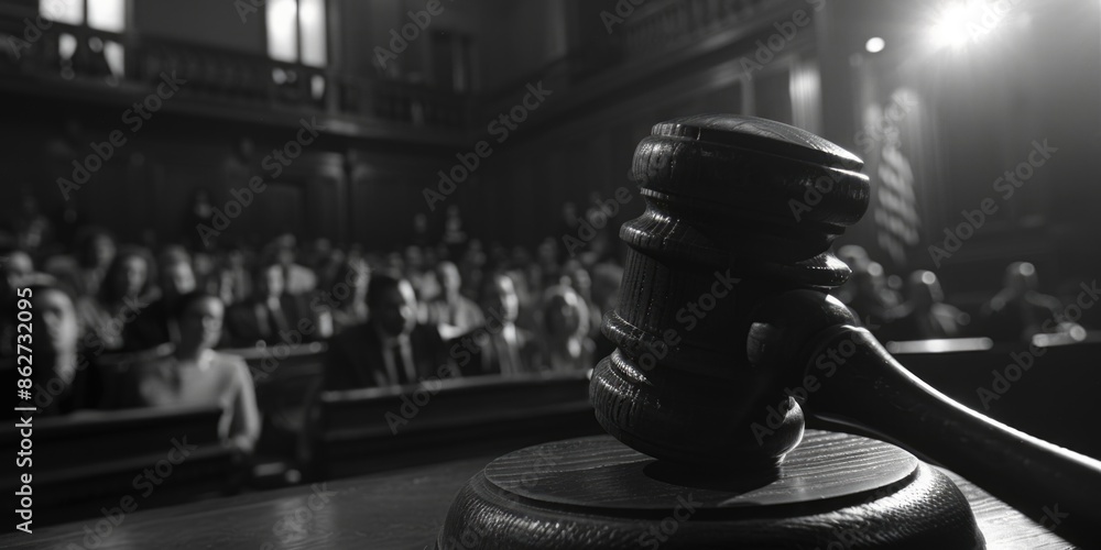 A judge's gavel sits on a podium in front of a crowd of people. Concept ...