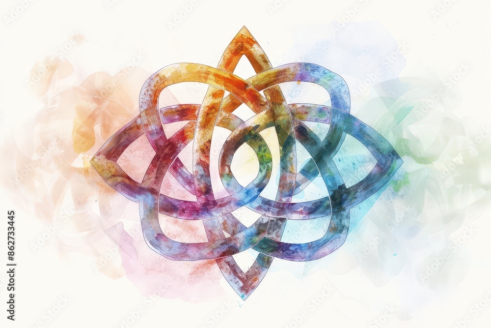 intricate triquetra symbol rendered in watercolor style on a white ...