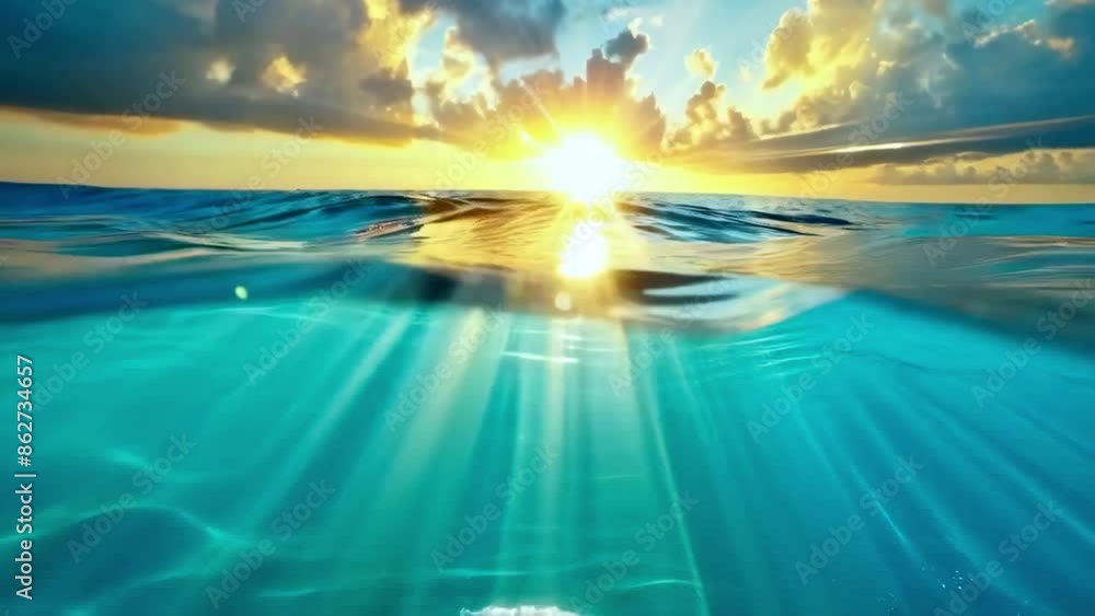 clean blue sea water line and underwater view with rays of sunset or ...