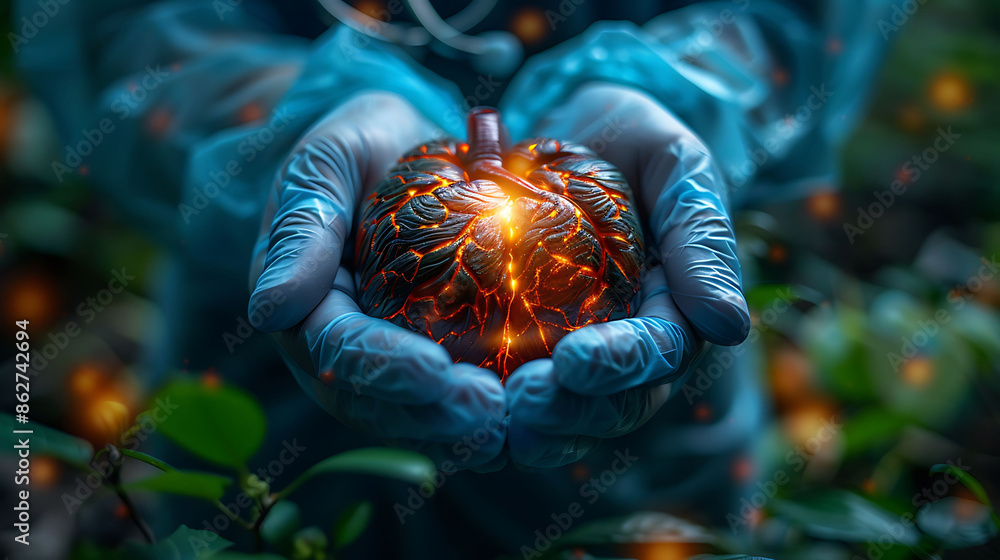 Closeup of doctor hand in gloves holding a glowing wooden gallbladder ...