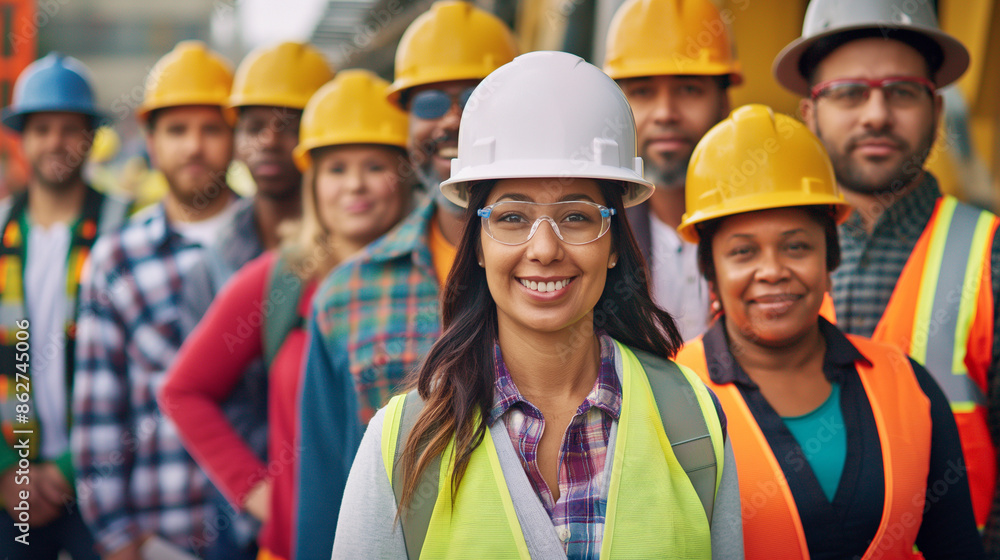 Celebrate Labor Day with a diverse group of workers in hard hats and ...