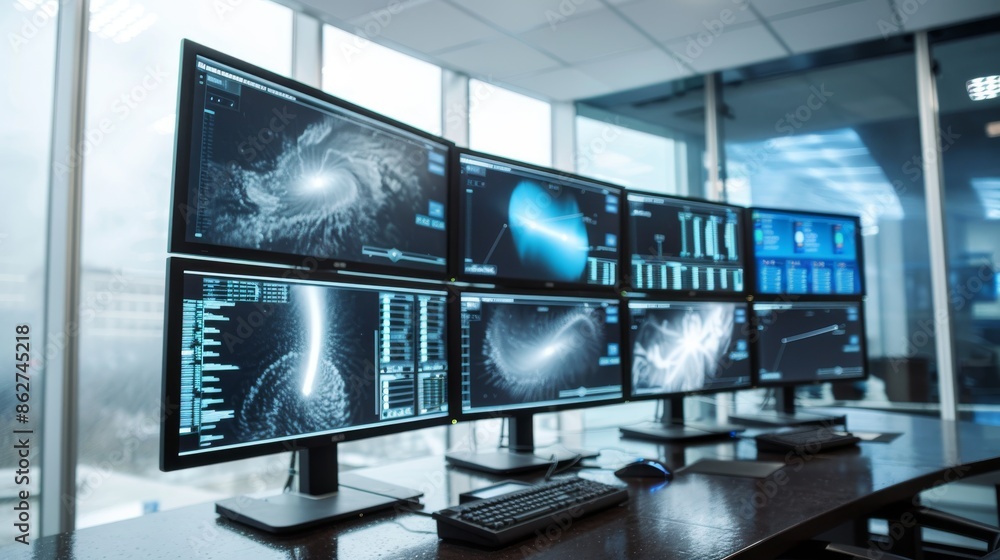 Futuristic meteorological command center displaying multiple radar ... Futuristic meteorological command center displaying multiple radar ...
