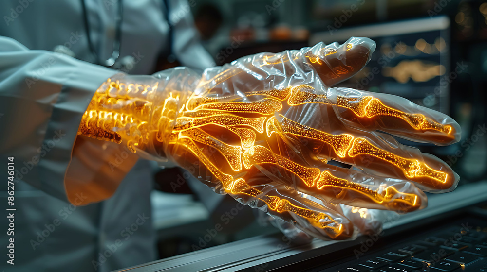 Closeup of doctor hand in gloves holding a glowing wooden ulna model ...