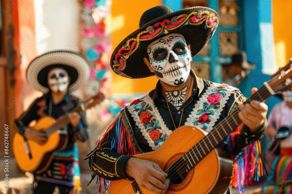 vibrant day of the dead celebration in a mexican town square skeleton ...