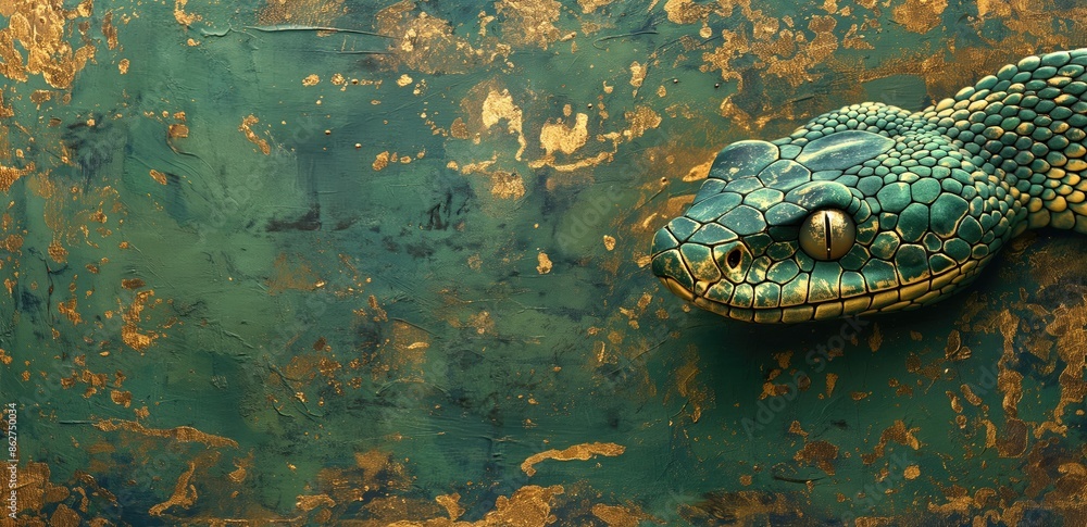 Elegant depiction of a snake on a textured teal and gold background ...