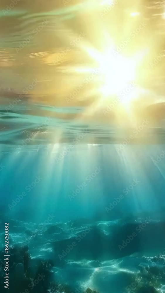 clean blue sea water line and underwater view with rays of sunset or ...