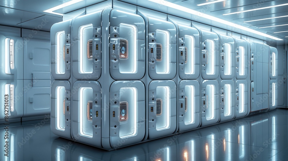 A free standing futuristic white locker system with 24 doors, all on ...