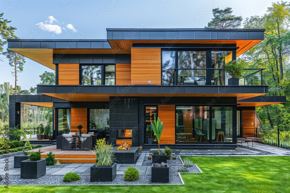 A modern home with a rainwater harvesting system, illustrating ...