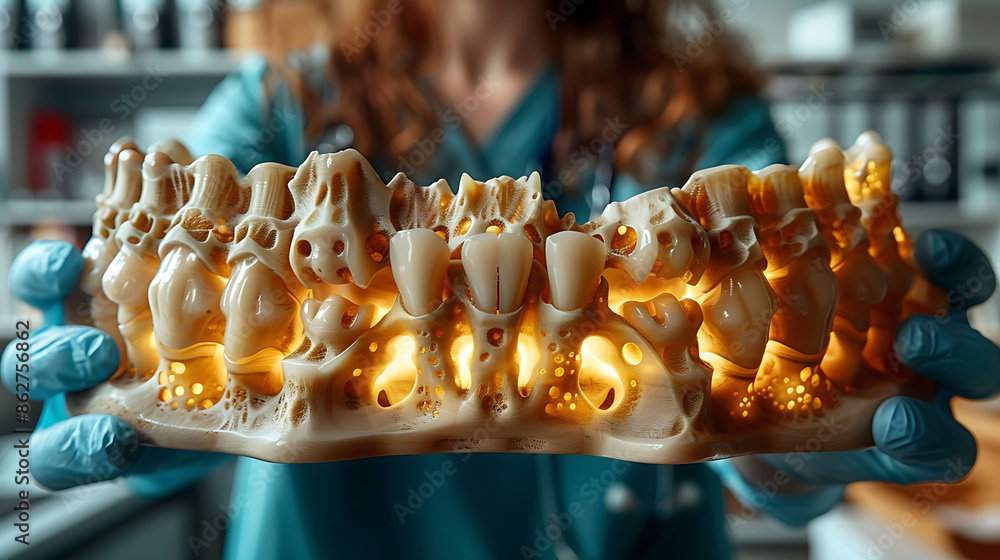 Closeup of doctor hand in gloves holding a glowing wooden coccyx model ...