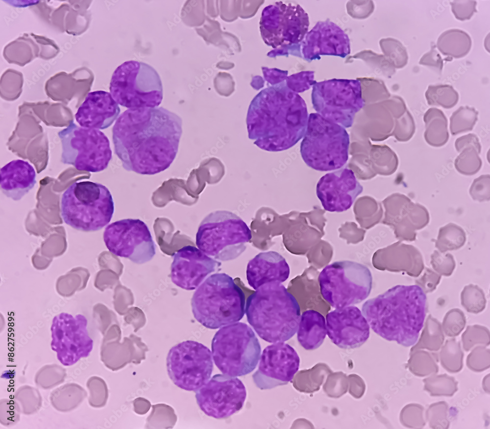 Acute myeloid leukemia (AML). Smear show monocytes and mostly blast ...