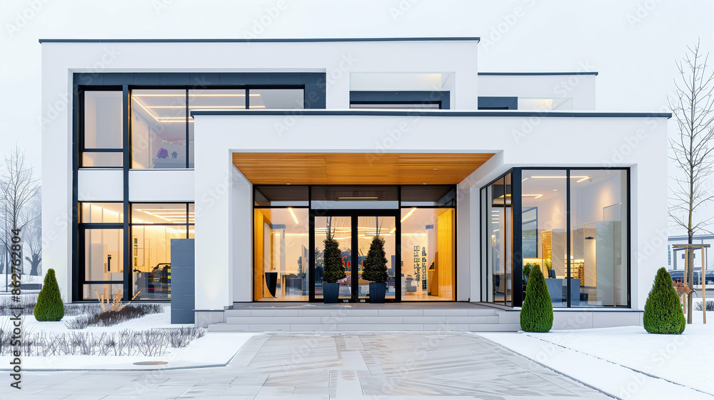 Contemporary design modern house exterior. Glass windows and elegant ...