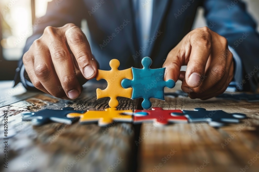 Businessman is connecting the final two puzzle pieces, signifying the ...