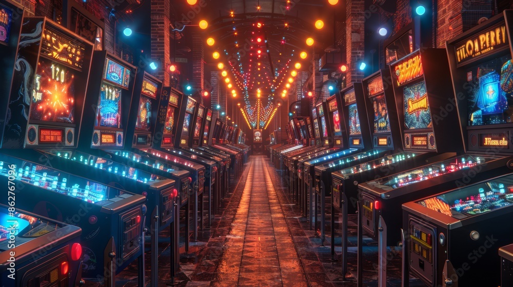 Classic vintage pinball machines with colorful lights, featuring retro ...