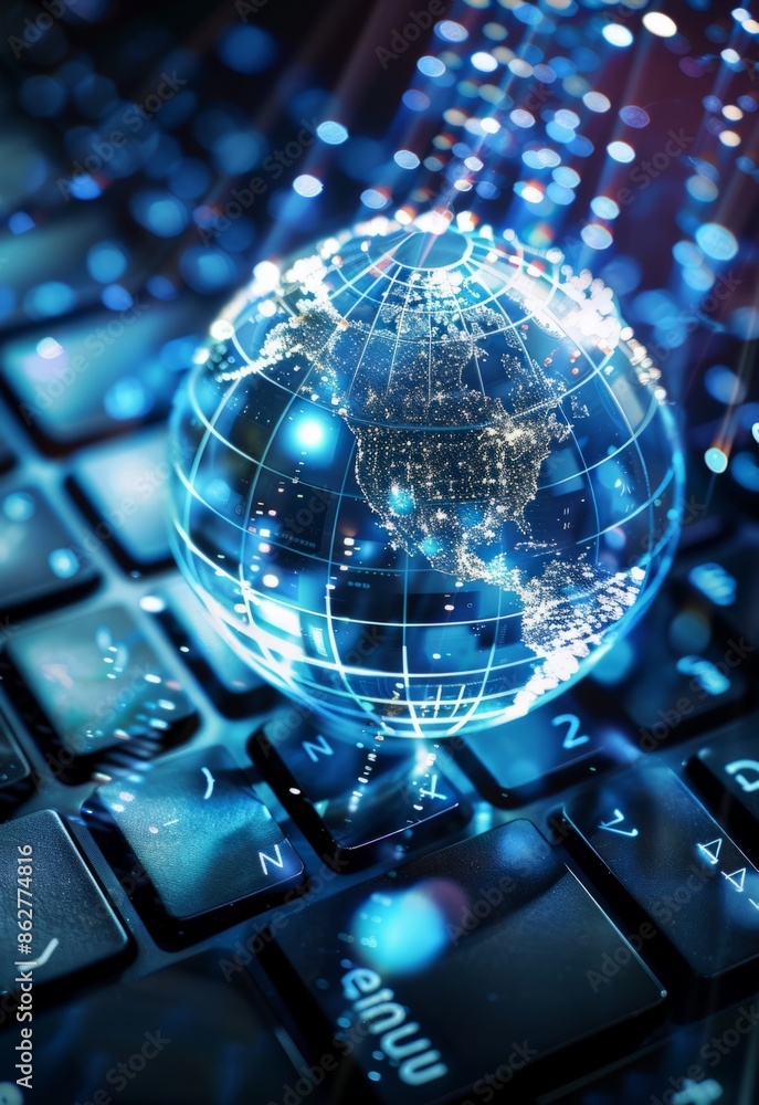 Hologram of planet earth with binary code floating over a computer ...