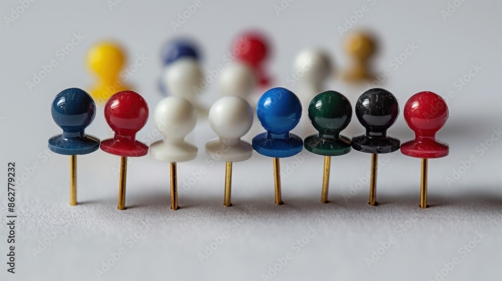 Thumbtacks arranged on a minimalistic, simple background. The clean and ...