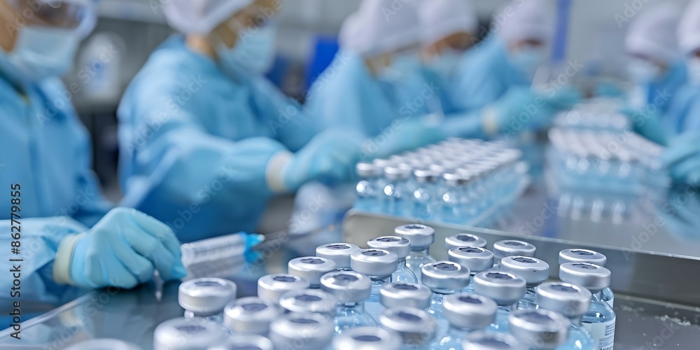 Workers at a pharmaceutical plant manufacturing syringes and ...