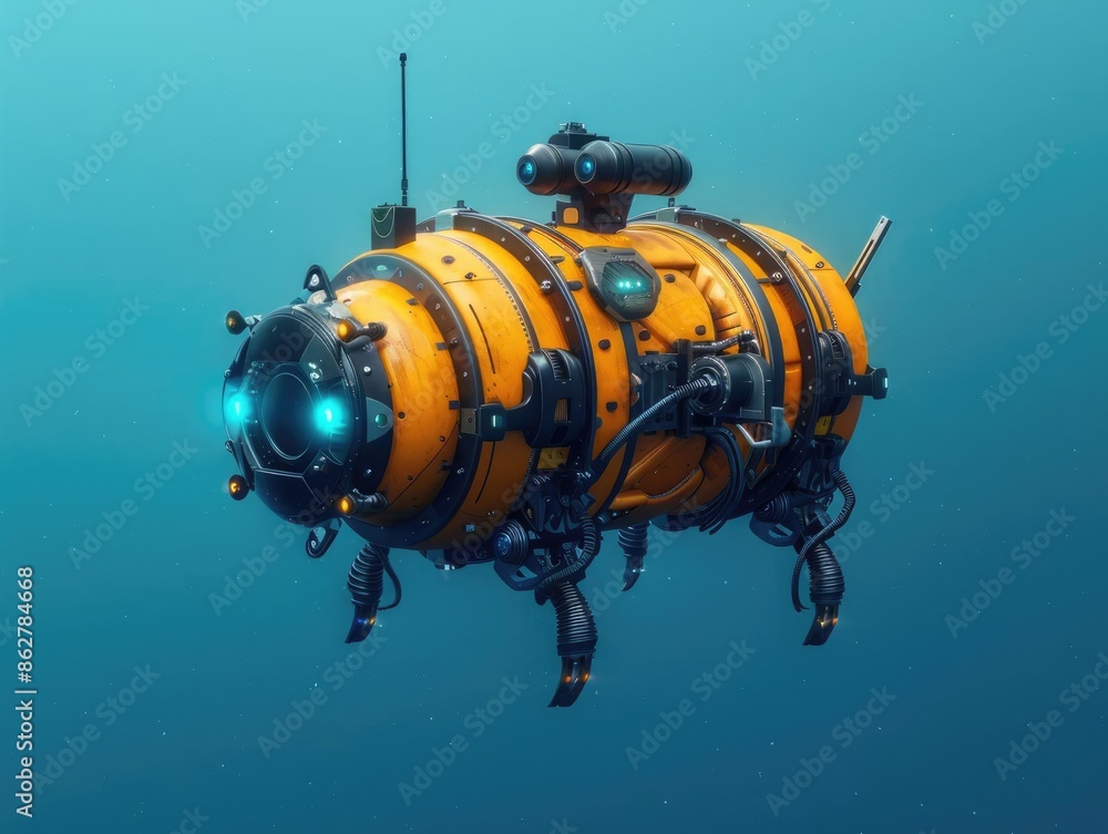 Futuristic underwater ROV submarine in deep blue ocean, equipped with ...