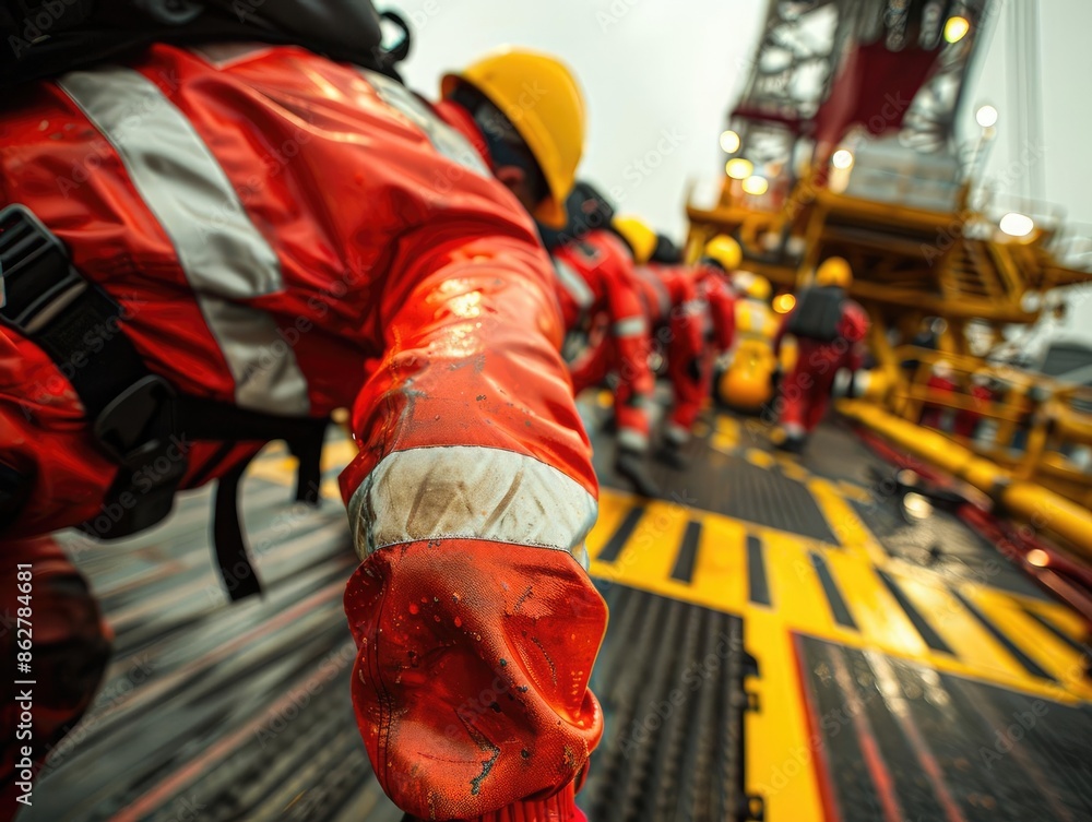 Group of offshore oil rig workers in protective gear and helmets ...