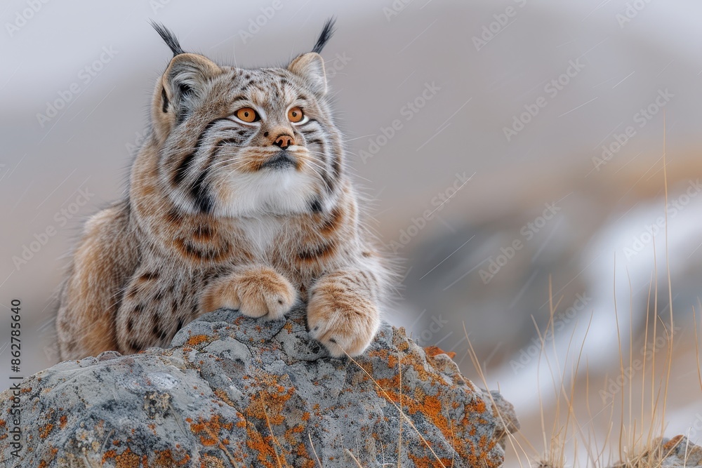 A Pallas's cat sitting on a rocky outcrop in the Central Asian steppes ...