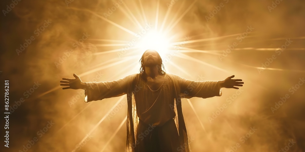 Jesus Christ depicted with outstretched arms in a luminous halo of ...