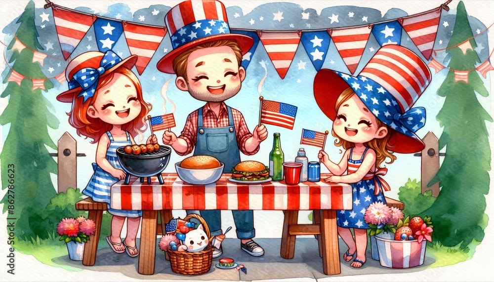 American Family Celebrating Independence Day - A cheerful cartoon ...