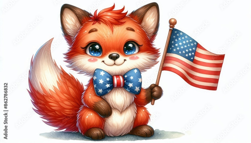 Patriotic Fox Holding an American Flag - A cute cartoon fox with a ...