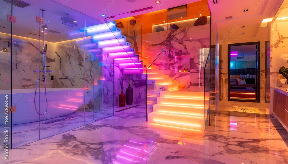 Elegant L-shape floating neon stairs with RGB LED lighting under each ...