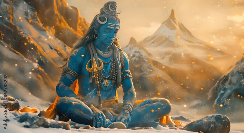 Lord Shiva with a blue body, majestic and cinematic, sitting on the ...