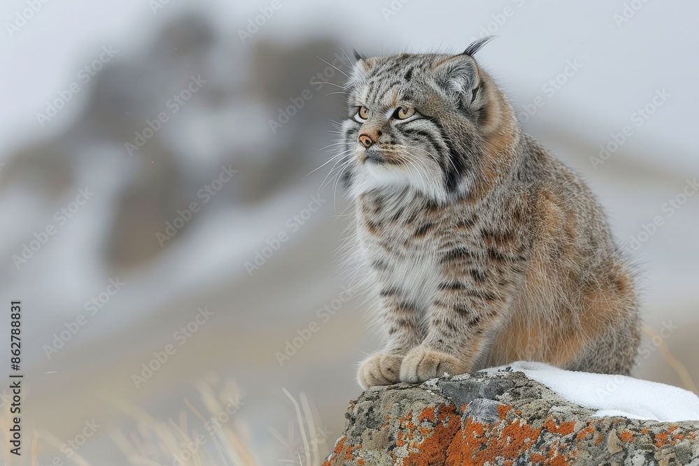 A Pallas's cat sitting on a rocky outcrop in the Central Asian steppes ...
