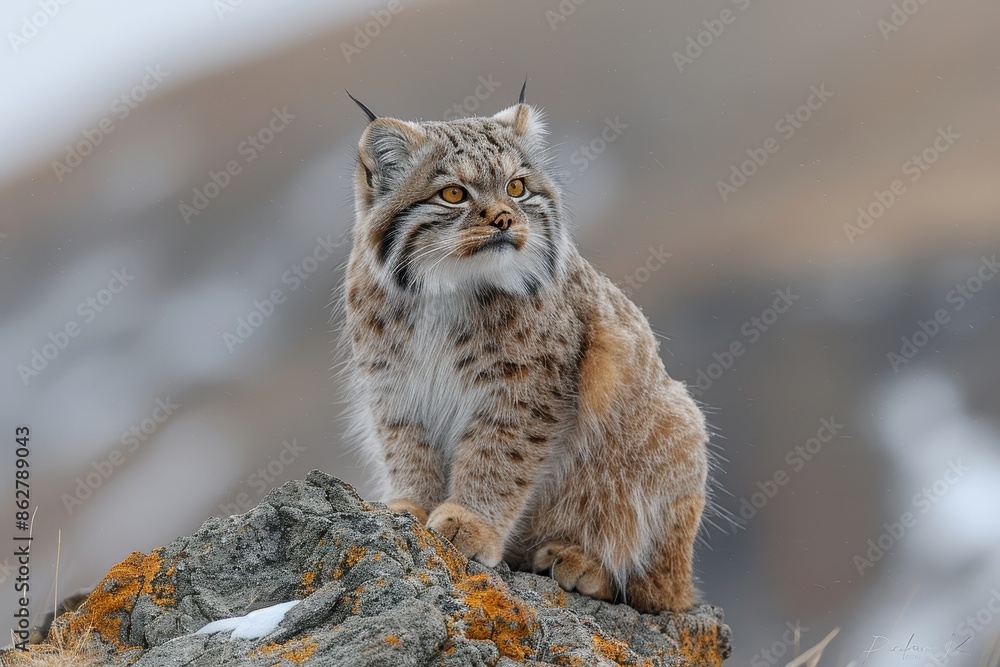 A Pallas's cat sitting on a rocky outcrop in the Central Asian steppes ...