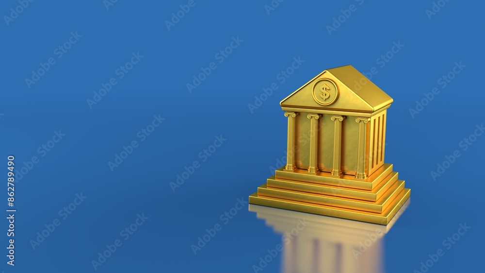 Gold bank building on reflective blue background 3d model illustration ...