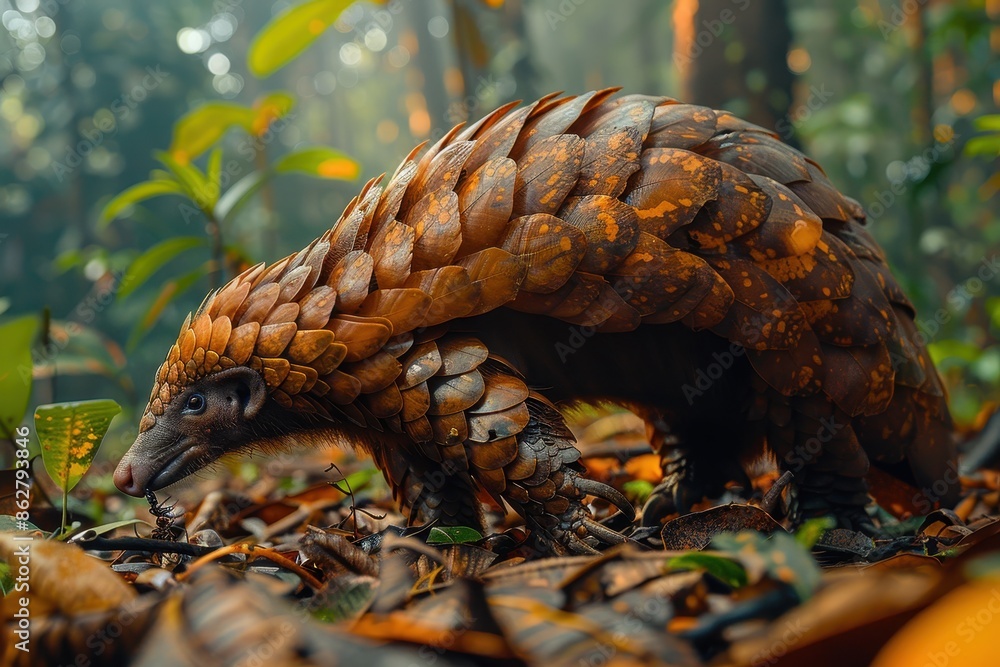 A pangolin walking across a forest floor, its body covered in hard ...