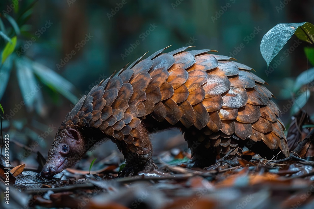 A pangolin walking across a forest floor, its body covered in hard ...