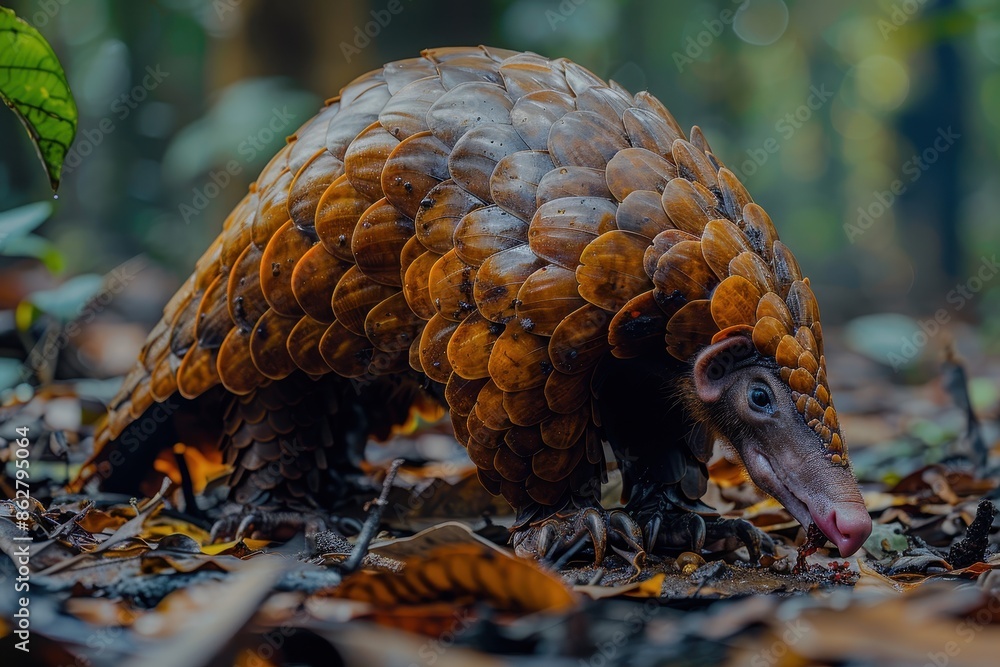 A pangolin walking across a forest floor, its body covered in hard ...