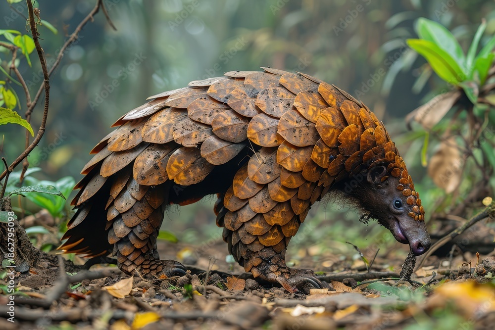 A pangolin walking across a forest floor, its body covered in hard ...