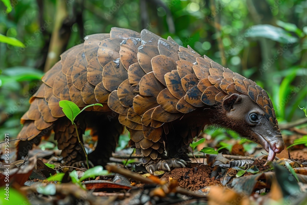 A pangolin walking across a forest floor, its body covered in hard ...