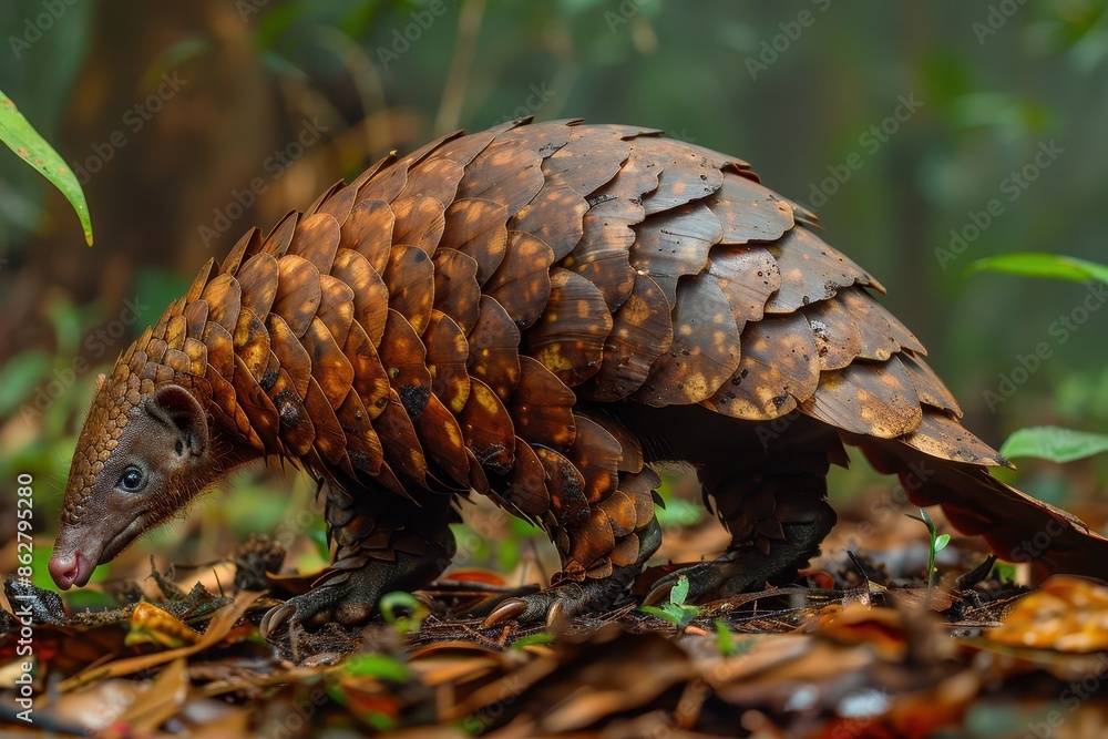 A pangolin walking across a forest floor, its body covered in hard ...