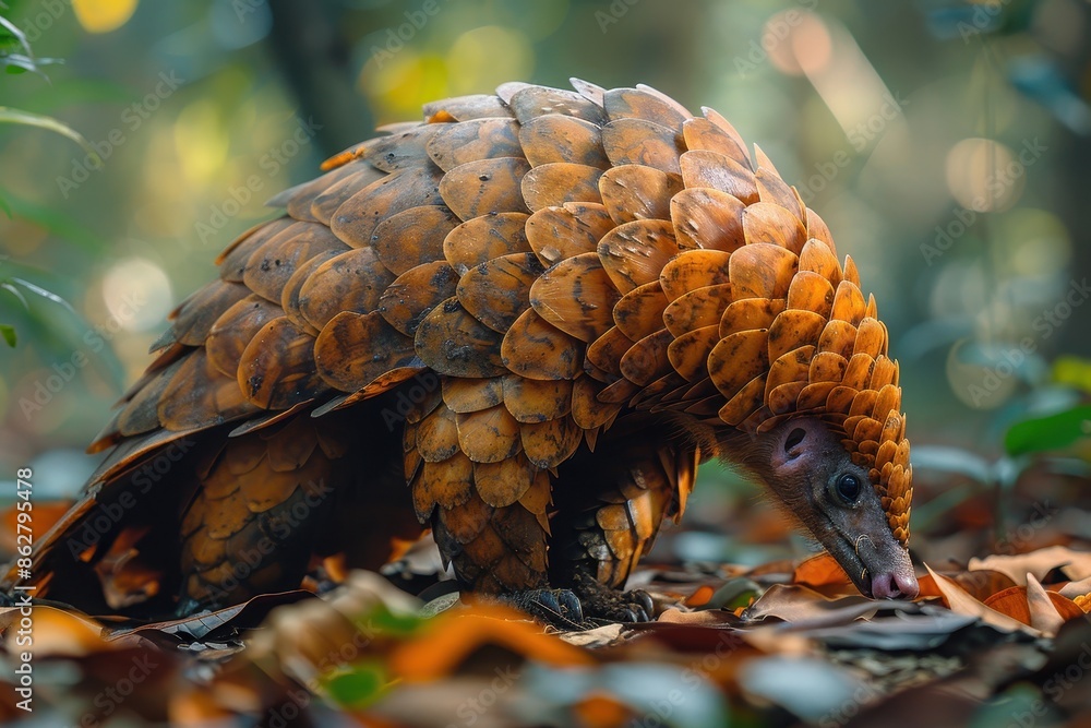 A pangolin walking across a forest floor, its body covered in hard ...