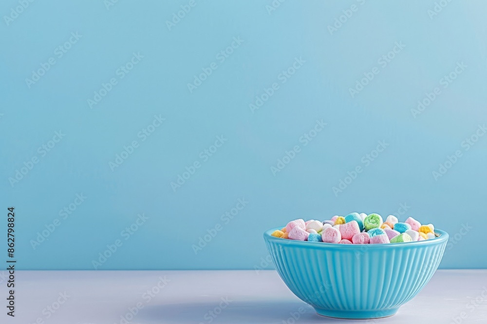 Bright bowl of rainbow-colored cereal with marshmallows, positioned on ...