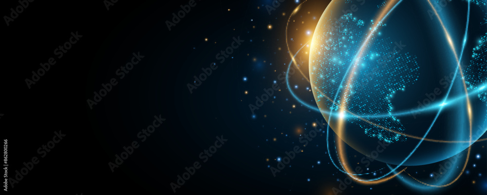 Planet Earth with digital glowing map of dots. Abstract rings in the ...
