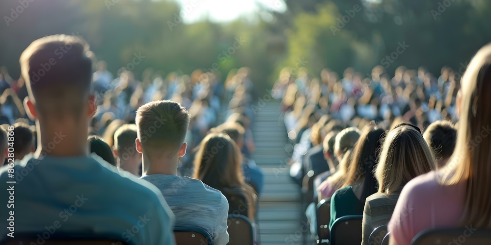 Crowded outdoor university classroom with students taking exams ...