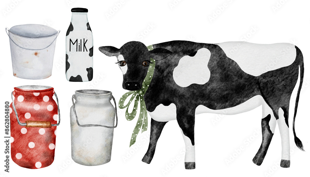 Cow and milk watercolor set. Hand drawn drawing of livestock, bottle ...