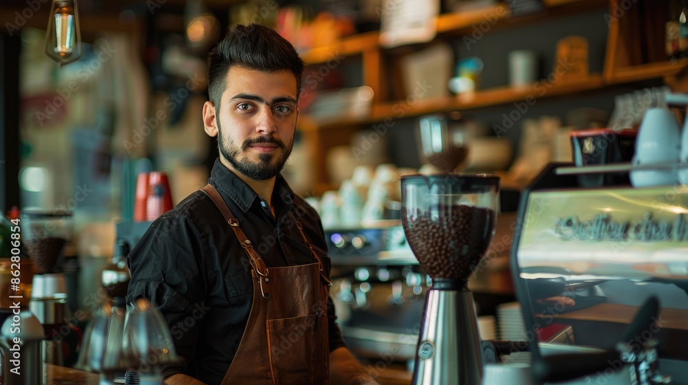 An authentic portrait of a barista behind the counter, photographed in ...