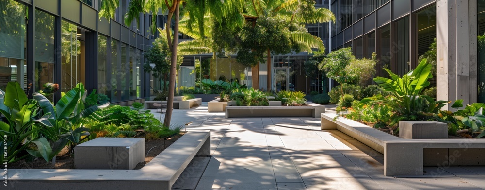 A modern office courtyard with lush greenery, concrete benches, and ...