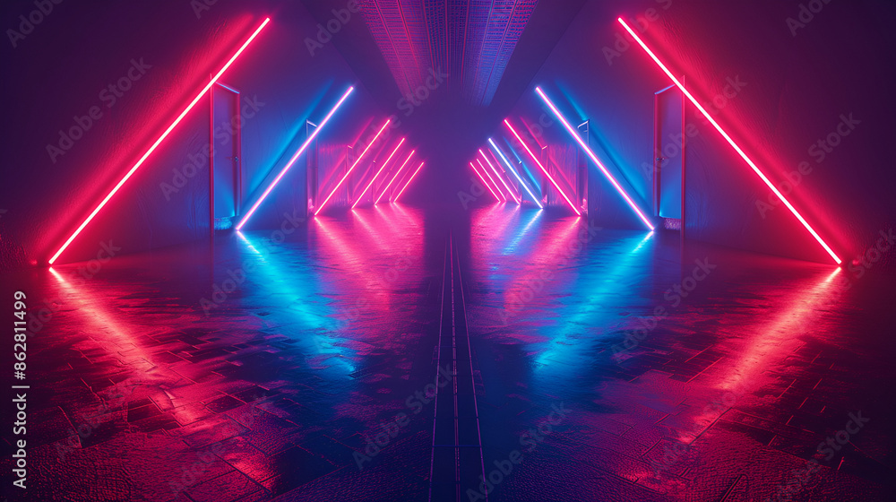 A neon streaked dance floor stage surrounded by walls of light, pulsing ...