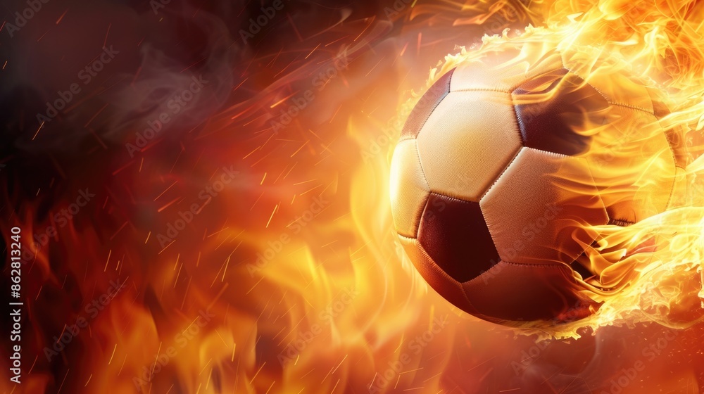 Realistic soccer flying ball with fire trail behind, goal kick force ...